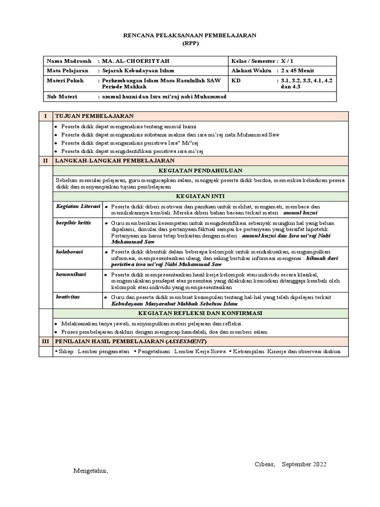 RPP 1 Lembar SKI Kelas 10 - Bab 1 | PDF