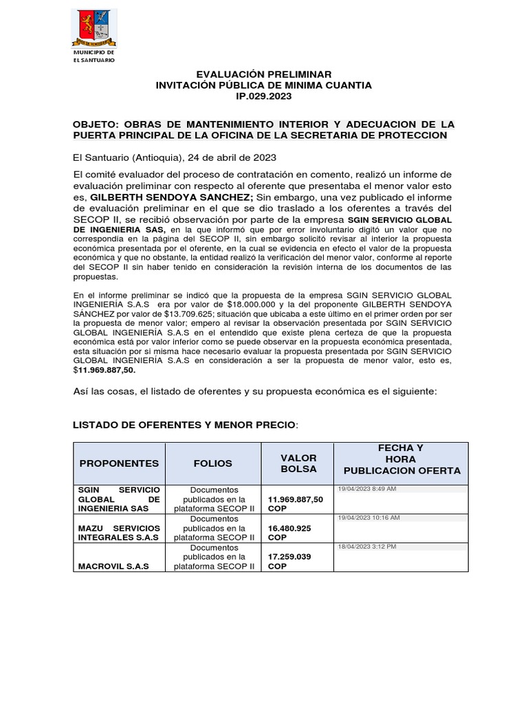Informe de Evaluación Preliminar 2 Ip 029 Extendido | PDF