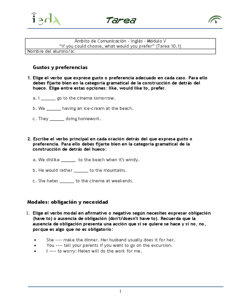 10.-CIII-Tarea - 10 - 1.1-If You Could Choose, What Would You Prefer | PDF | Gramática ...