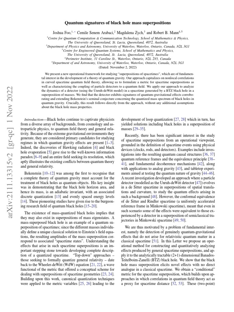 Quantum Signatures of BH Mass Superposition | PDF | General Relativity | Quantum Gravity