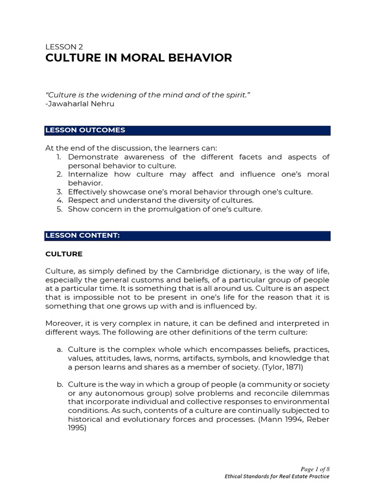 Lesson 3 - Culture in Moral Behavior | PDF | Relativism | Morality