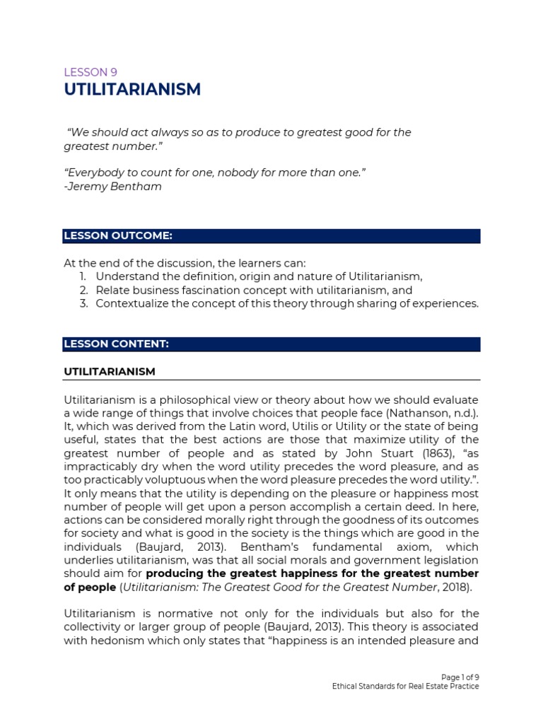 Lesson 10 - Utilitarianism | PDF | Utilitarianism | Pleasure