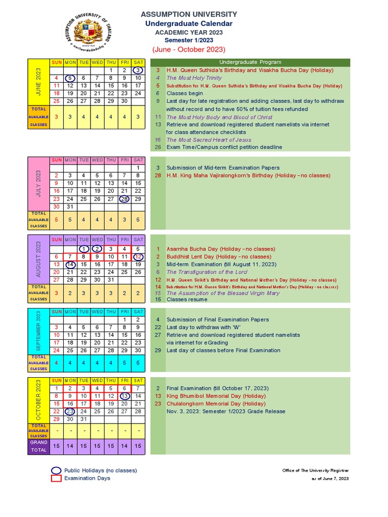 Assumption University Academic Calendar 2023 | PDF