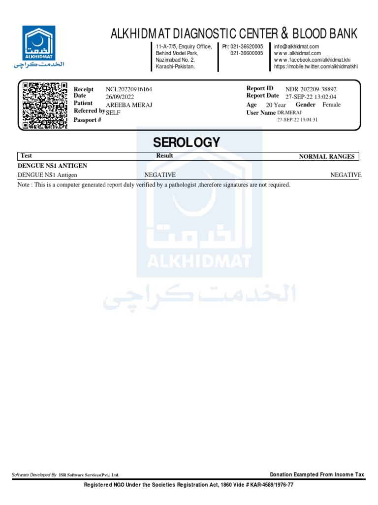Alkhidmat Dengue Test Report Format | PDF