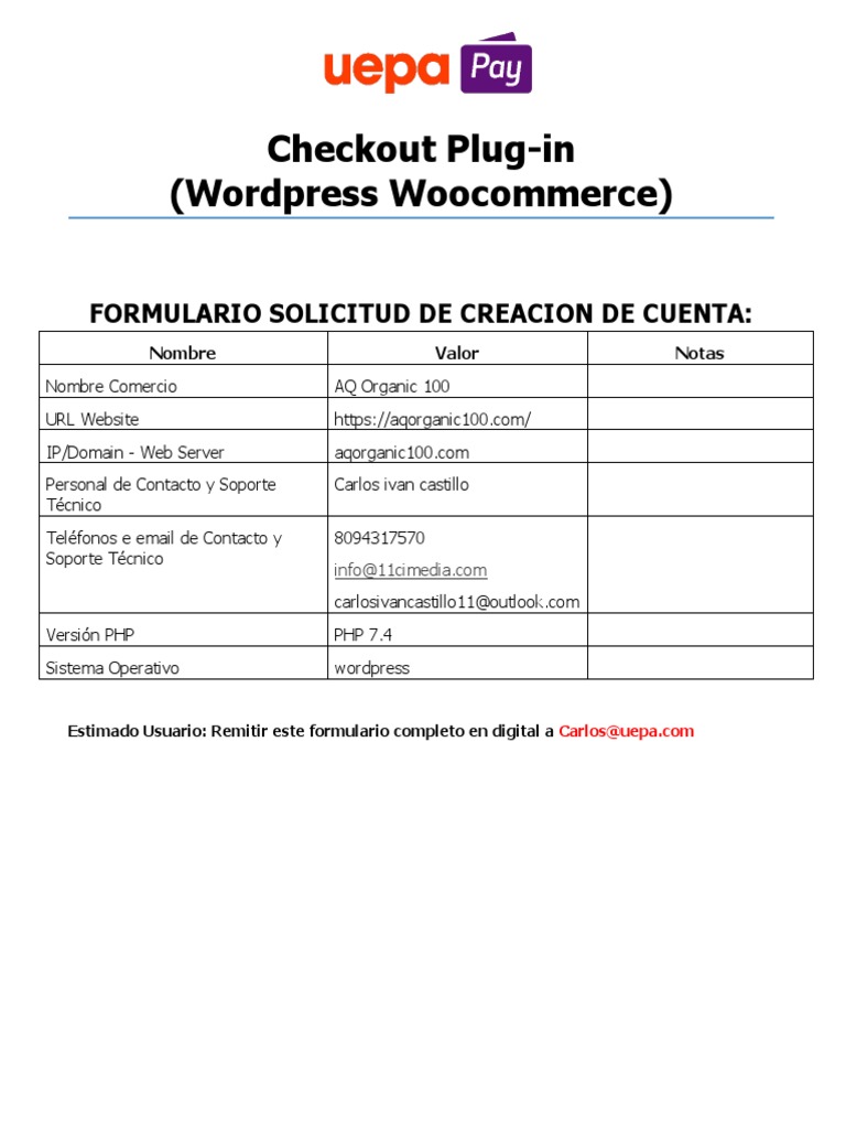 Formulario Solicitud de Cuenta Uepa Pay Checkouts | PDF