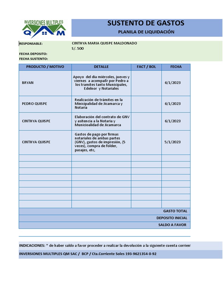 Formato - Sustento de Gastos | PDF