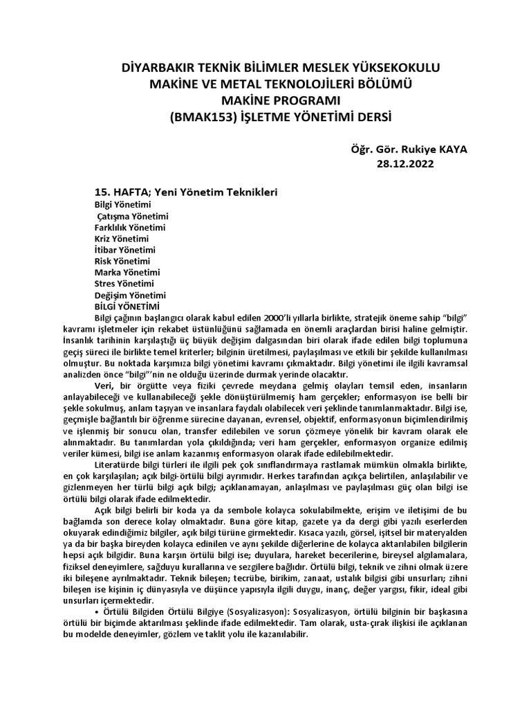 İşletme Yöneti̇mi̇ Maki̇na P15. Hafta | PDF