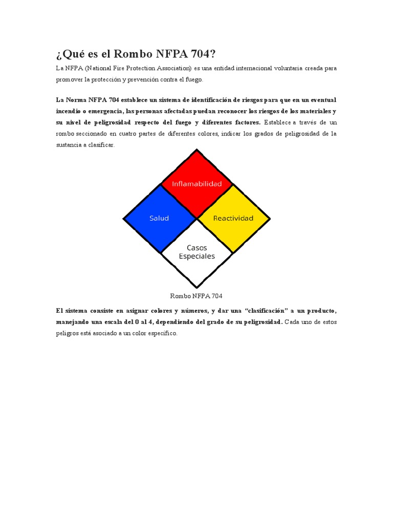 Clasificación y Riesgos del Rombo NFPA 704 | PDF | Agua | Combustibles