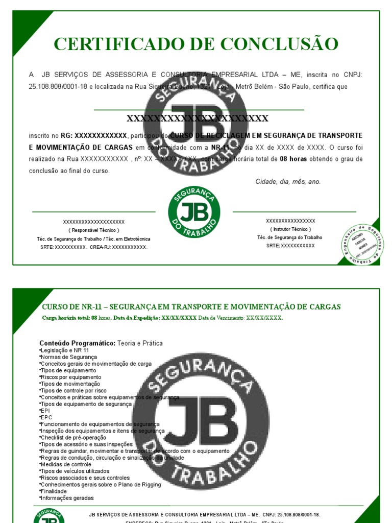 Modelo de Certificado Do Curso de NR 11 | PDF