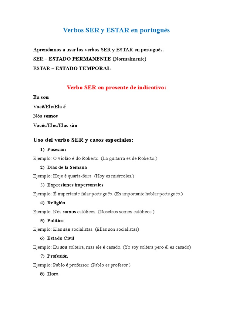 Verbo Ser Estar Português | Descargar gratis PDF | Lingüística