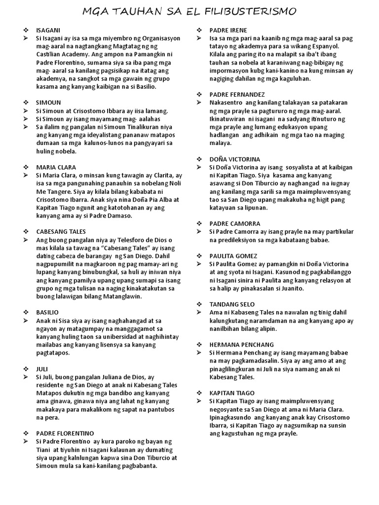 Mga Tauhan Sa El Filibusterismo | PDF