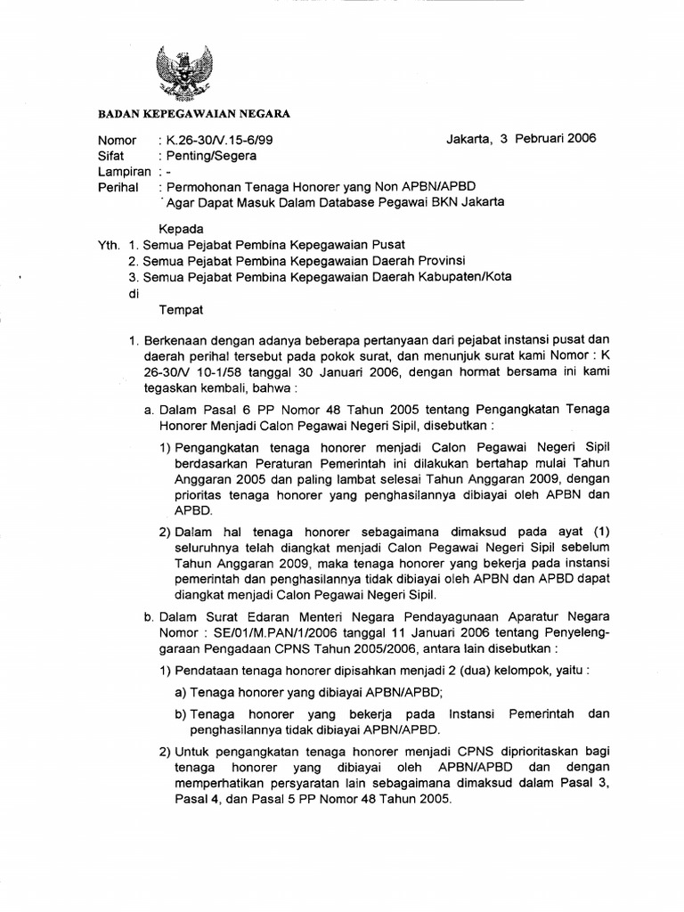 Surat Kepala BKN Nomor K.26-30 V.15-6 99 - Permohonan Tenaga Honorer Non Apbn-Apbd Agar Masuk ...