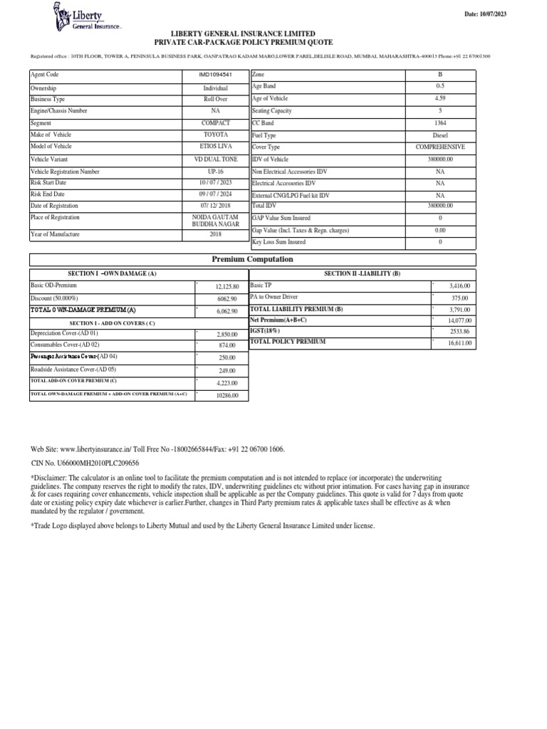 Premium Computation: Liberty General Insurance Limited Private Car ...