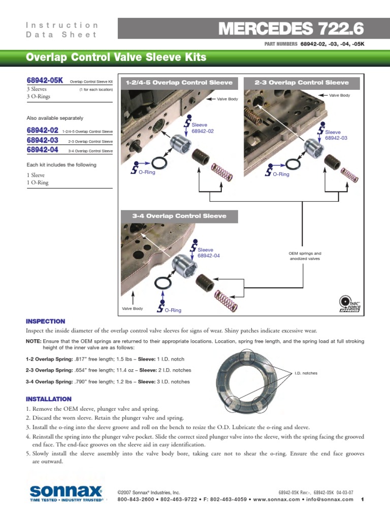 MERCEDES 722.6: Overlap Control Valve Sleeve Kits | Download Free PDF ...