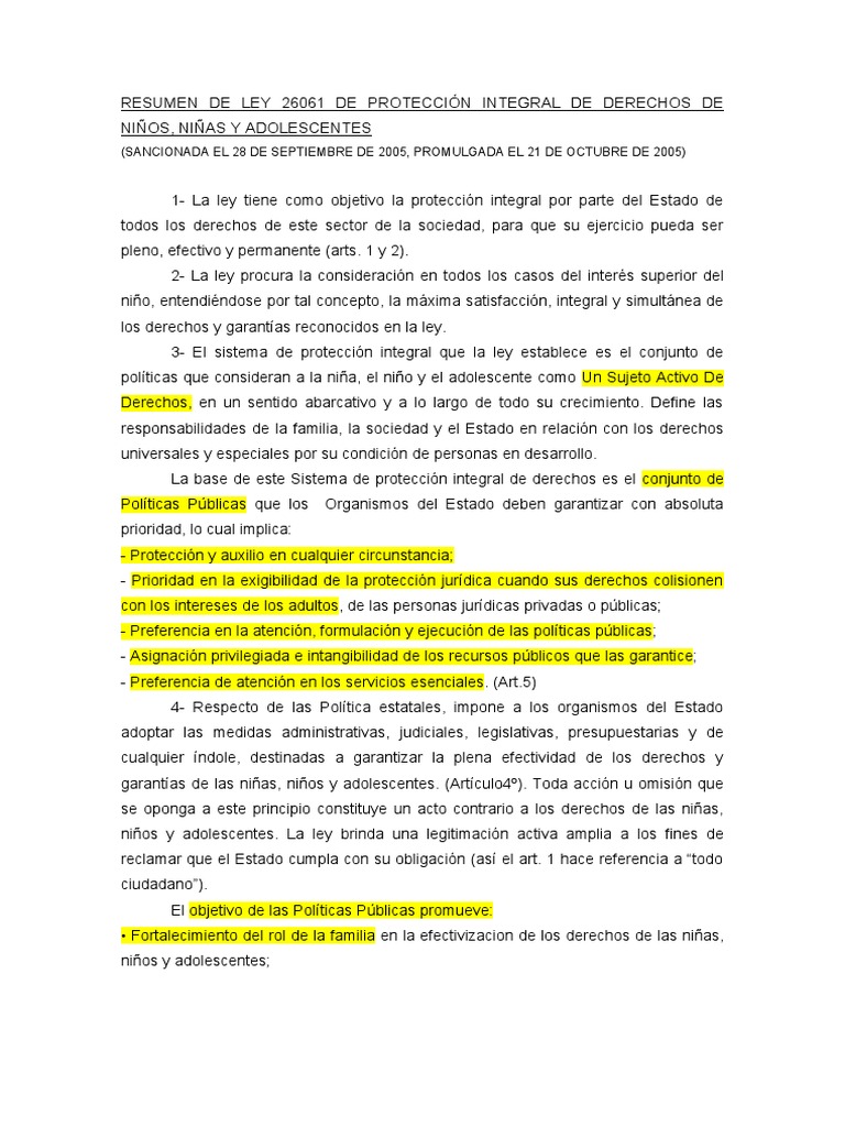 resumen extenso de LEY 26061 de Protección Integral de Derechos de Niños | PDF | Estado ...