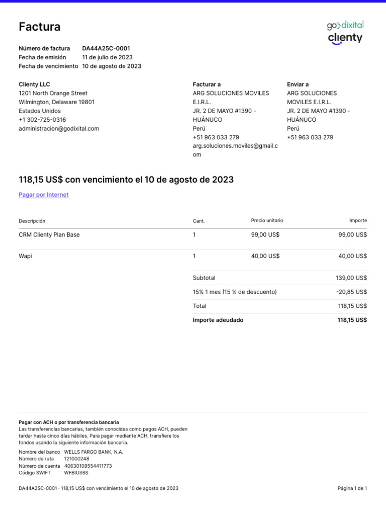 Invoice DA44A25C 0001 | PDF | Transferencia bancaria | Pagos