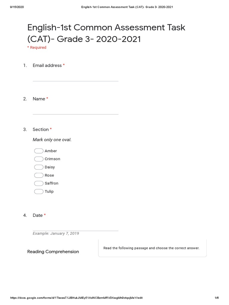 English-1st Common Assessment Task (CAT) - Grade 3 - 2020-2021 | PDF ...