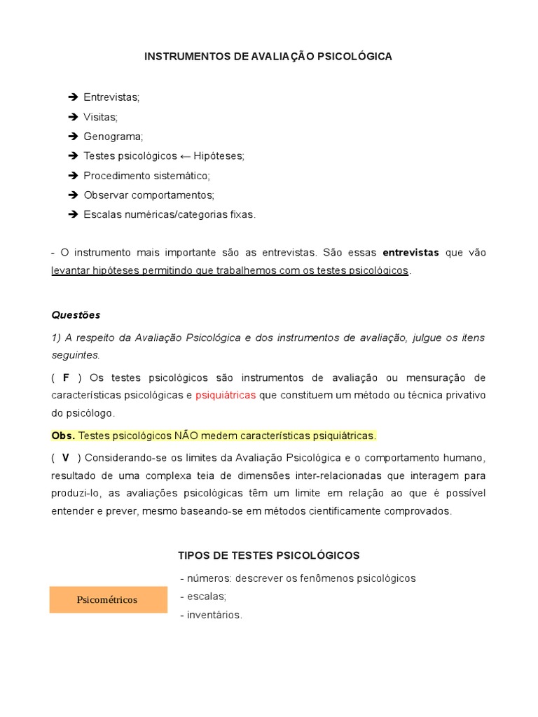 07 - Intrumentos de Avaliação Psicológica | PDF | Psicologia | Testes ...