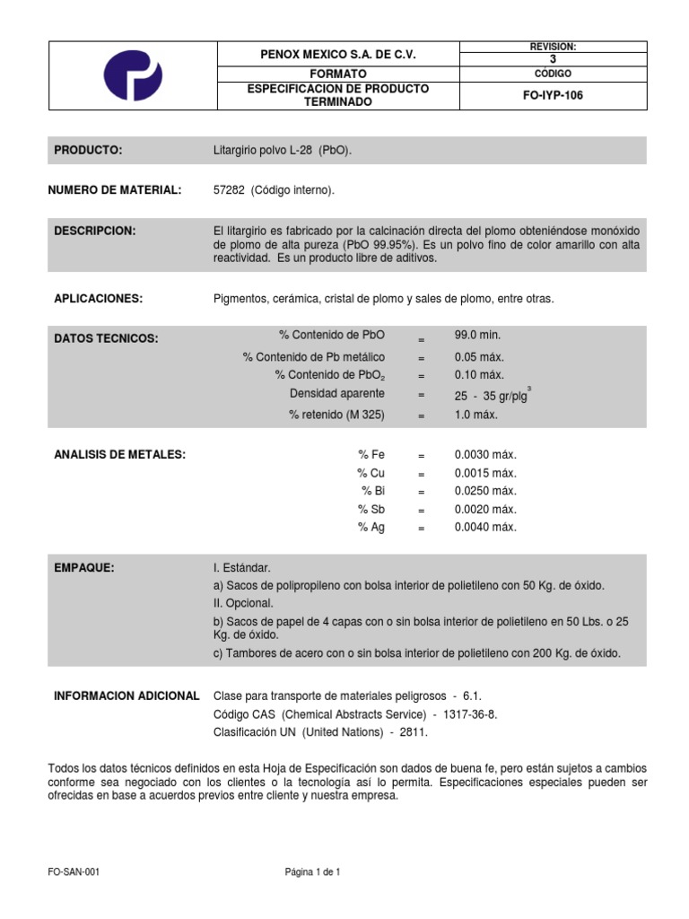 Especificación Litargirio L-28 | PDF | Dirigir | Sector secundario de ...