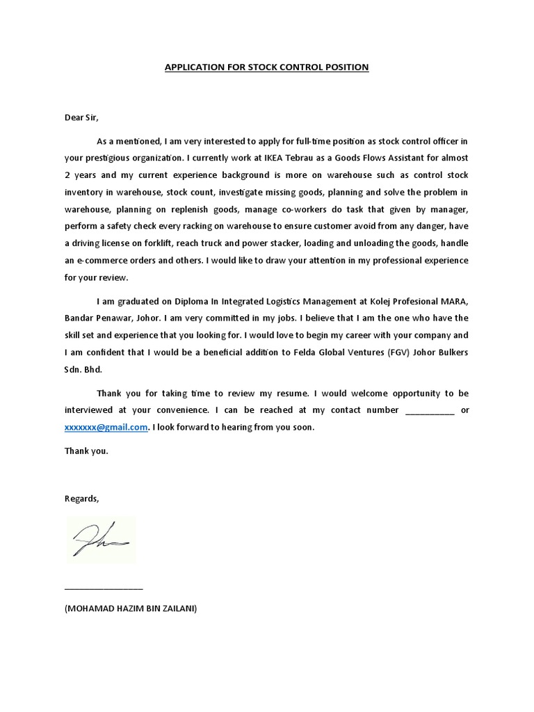Cover Letter Application For Stock Control Position | PDF
