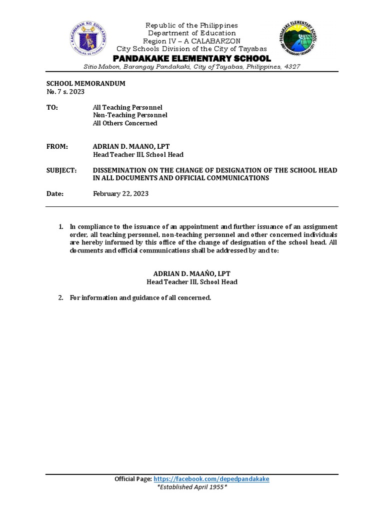 School Memorandum No 7 S 2023 - Change of Designation in All Official ...