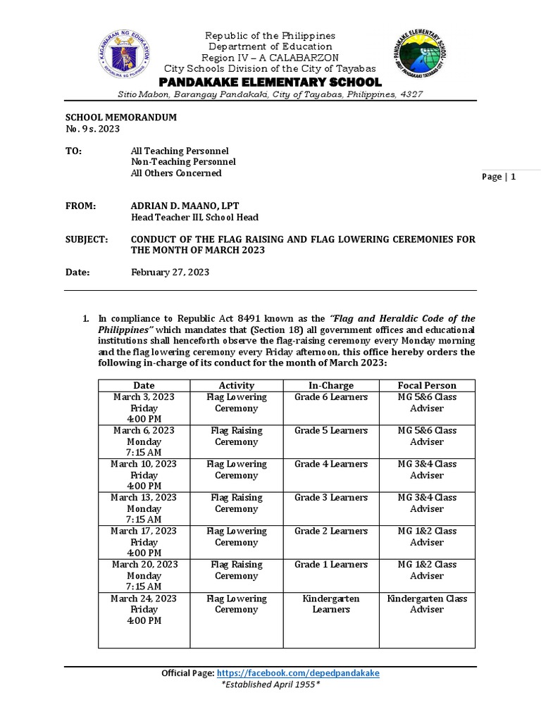 School Memorandum No 9 S 2023 - Conduct of The Regular Flag Raising and Flag Retreat Ceremonies ...