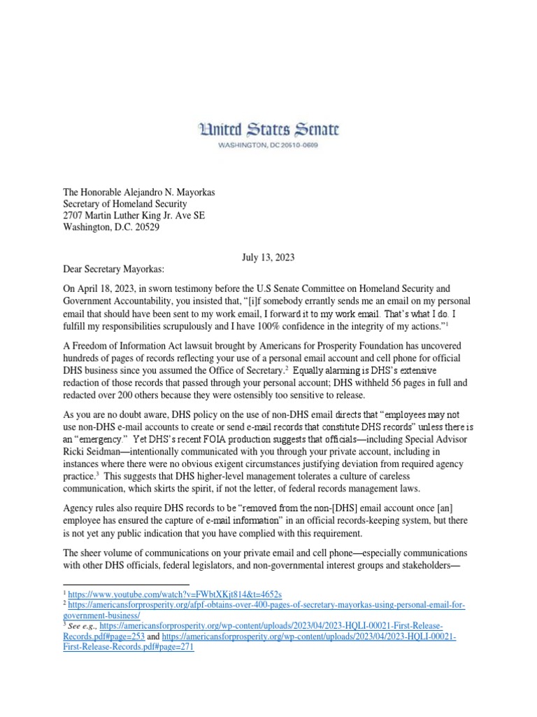 Letter From GOP Senators To Sec. Mayorkas | PDF | United States ...