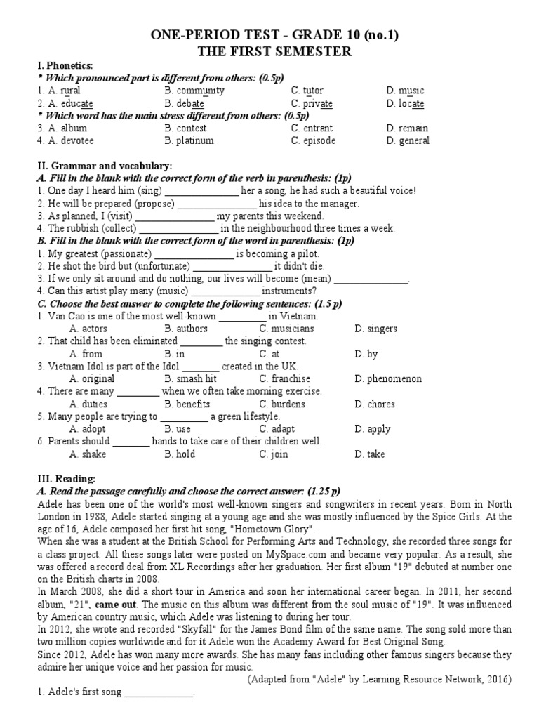 One-Period Test - Grade 10 (No.1) The First Semester: I. Phonetics ...