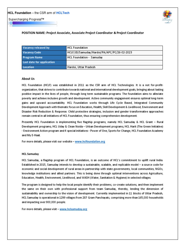 Water & Sanitation (WaSH) JD HCL Samuday! | PDF | Wash | Corporate ...