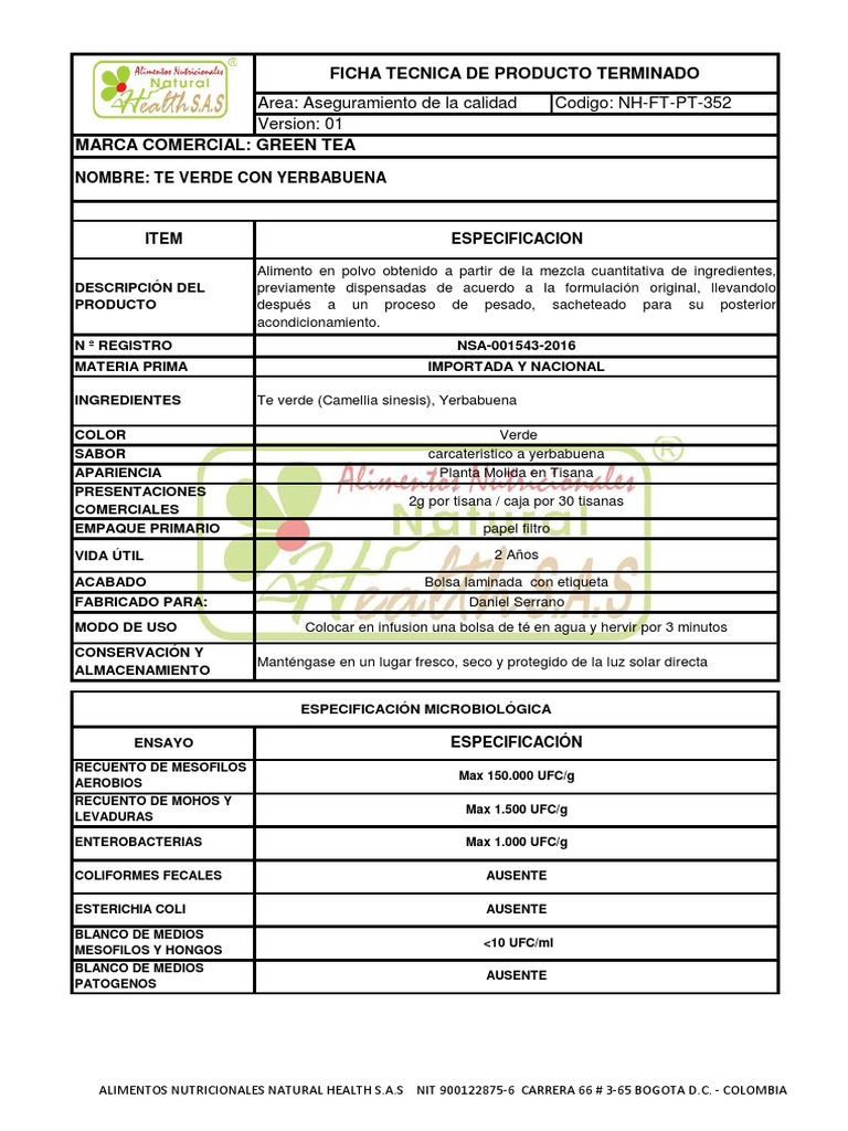 Fichas Tecnica Green | PDF | Té | Comida y bebida