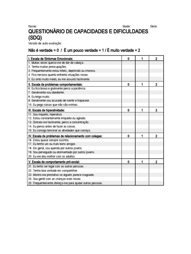Teste SDQ Tdah | PDF | Transtorno de déficit de atenção e hiperatividade