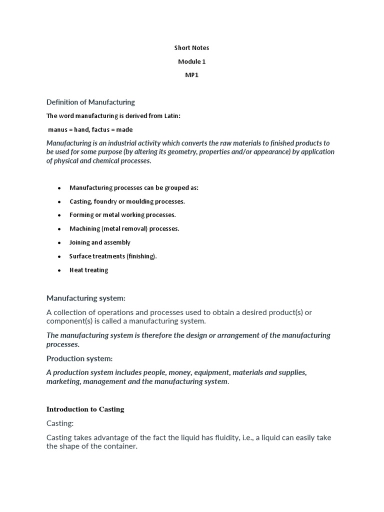 Mp1 m1 Short Notes | PDF | Casting | Viscosity