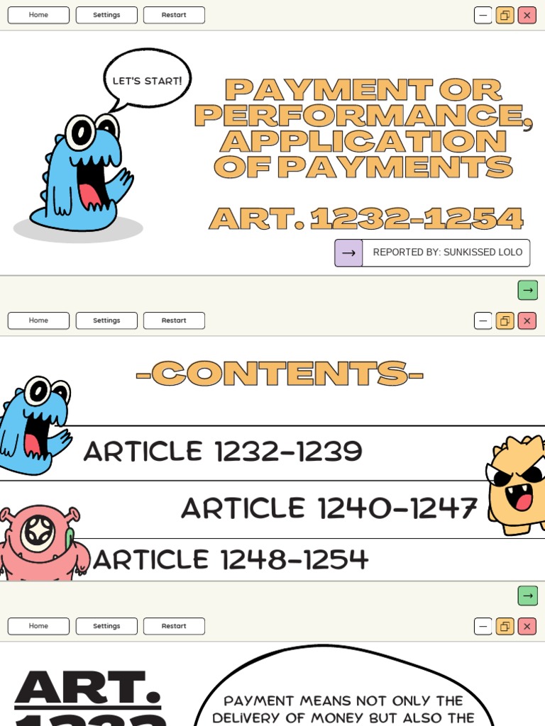 Payment or Performance, Application of Payments Art. 1232-1254 | PDF | Legal Tender | Payments