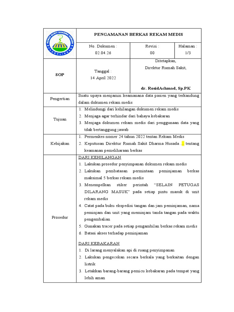 26.SOP Pengamanan Berkas Revisi | PDF