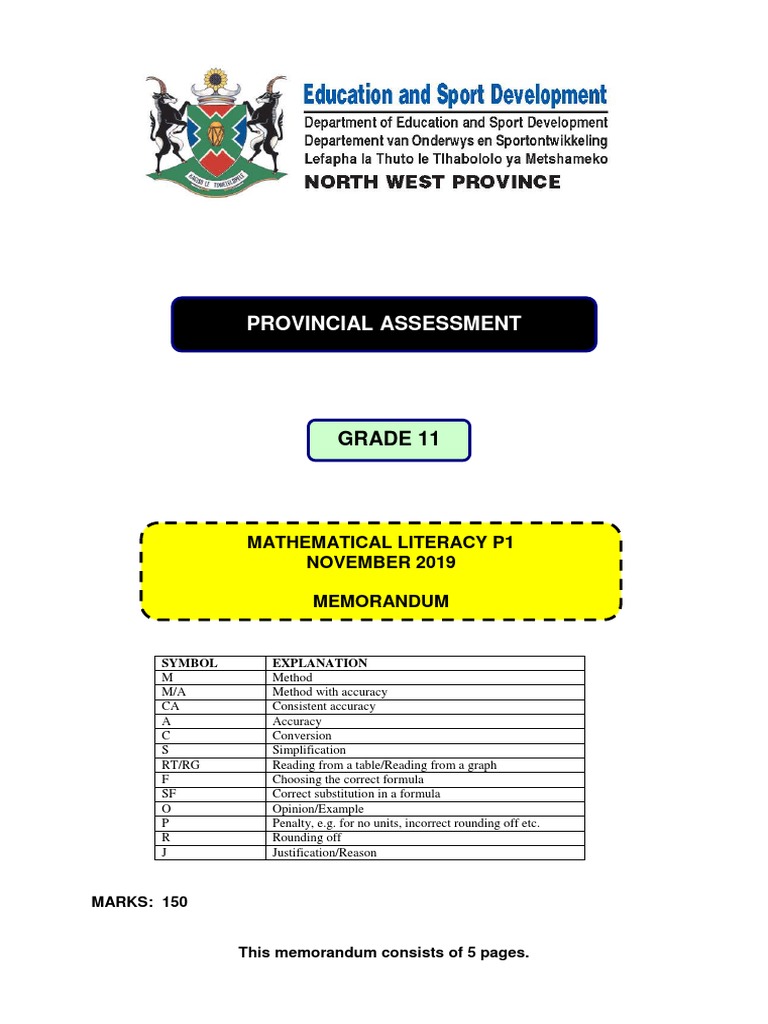 NW NSC GR 11 Maths Lit P1 Eng Memo Nov 2019 | PDF | Metrology | Mathematics