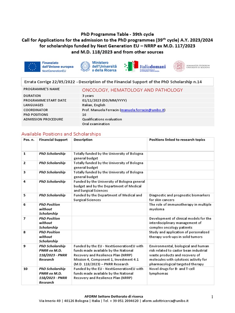 39 - PNRR - PHD Programme Table - OncologyHematologyPathology | PDF ...