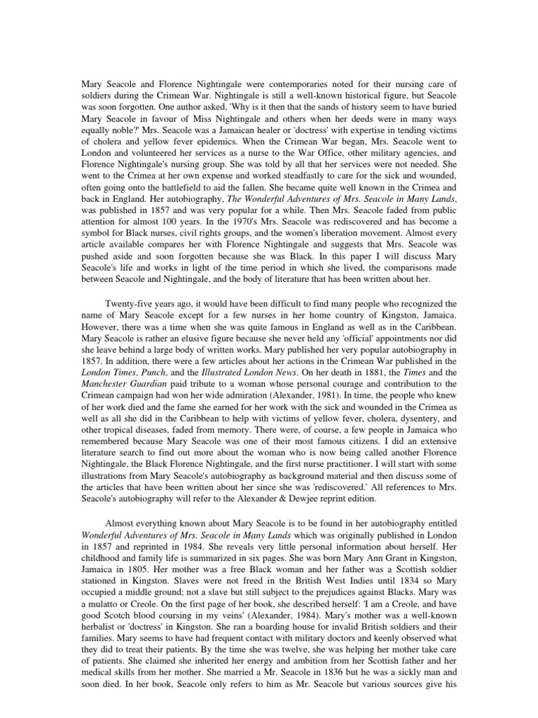 Mary Seacole vs. Florence Nightingale | PDF | Florence Nightingale ...