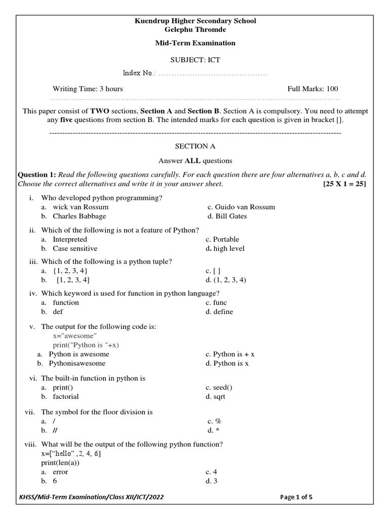 Ict 2022 Mid Term Pdf Python Programming Language Computer 1361