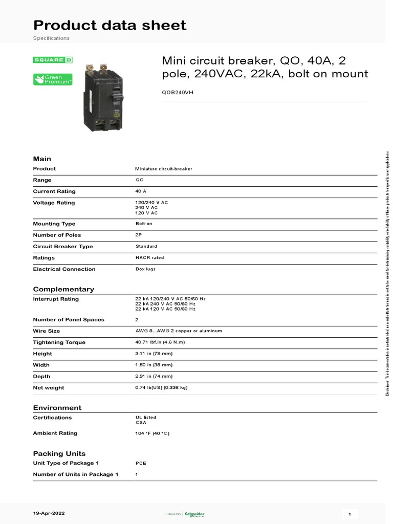 QO 40A 2P Mini Circuit Breaker Specs | PDF | Electrical Engineering ...