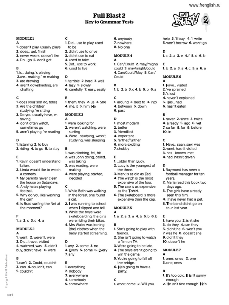 FB A1.2 Elementary Grammar Tests Keys | PDF