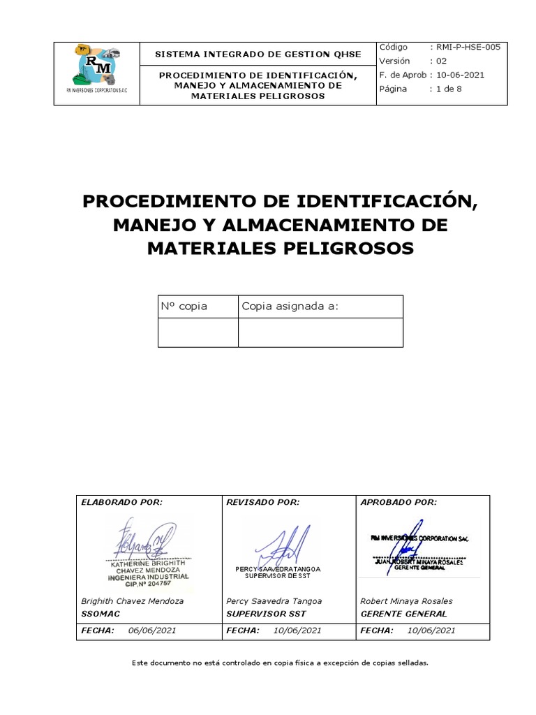 RMI-P-HSE-006 Procedimiento de Identificación, Manejo y Almacenamiento de Materiales Peligrosos ...