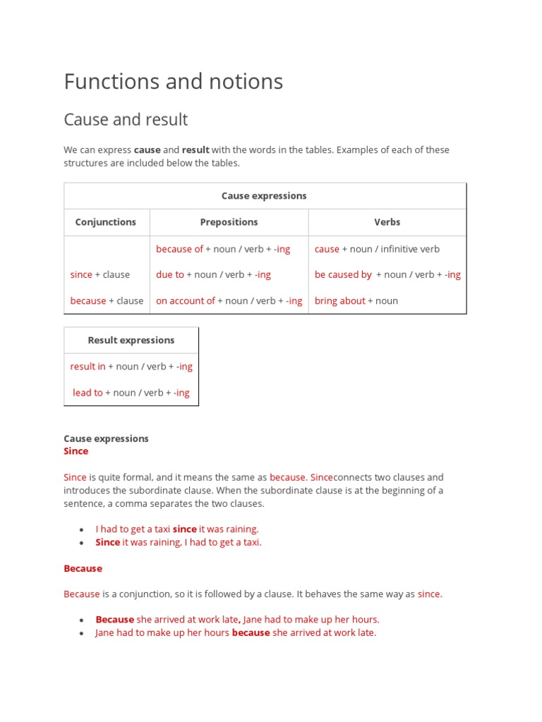 Functions and Notions Cause and Result | PDF | Verb | Clause