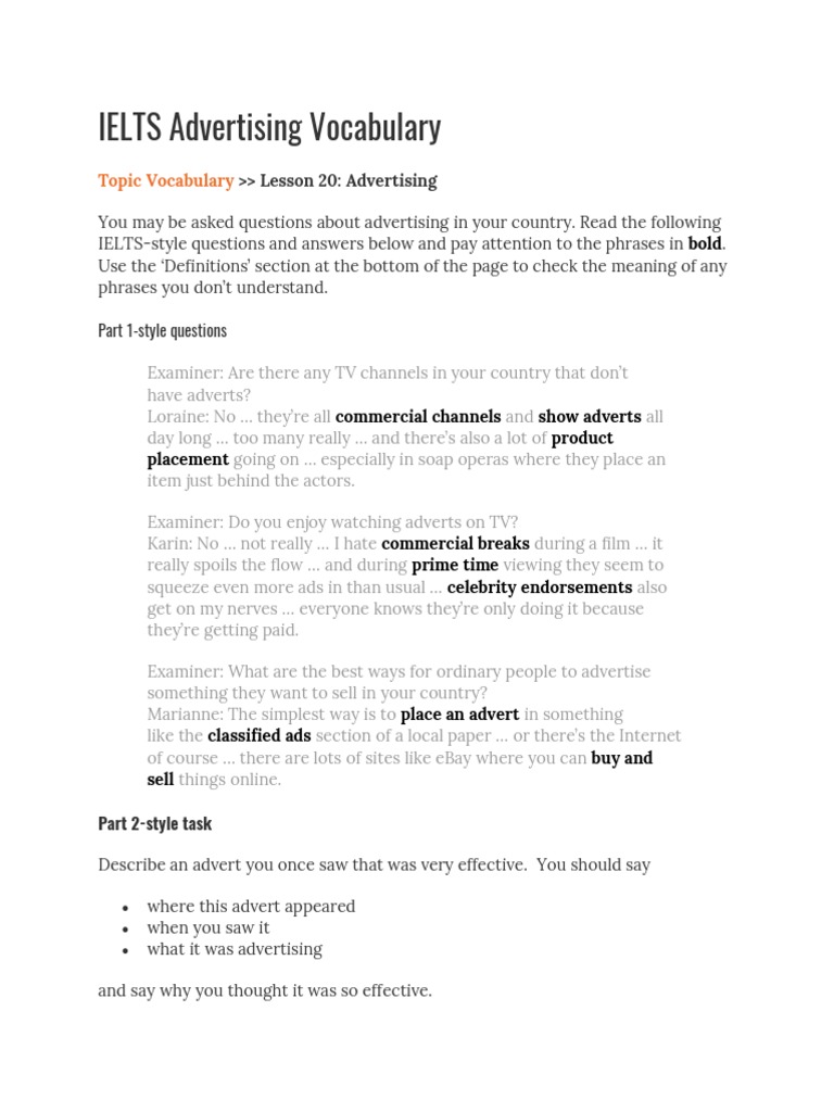 IELTS Vocabulary: Advertising Insights | PDF | Advertising | Fashion