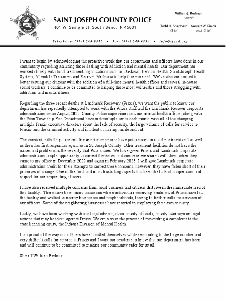 Sheriff Letter Re Praxis July 13 2023 | PDF | Mental Disorder | Crimes