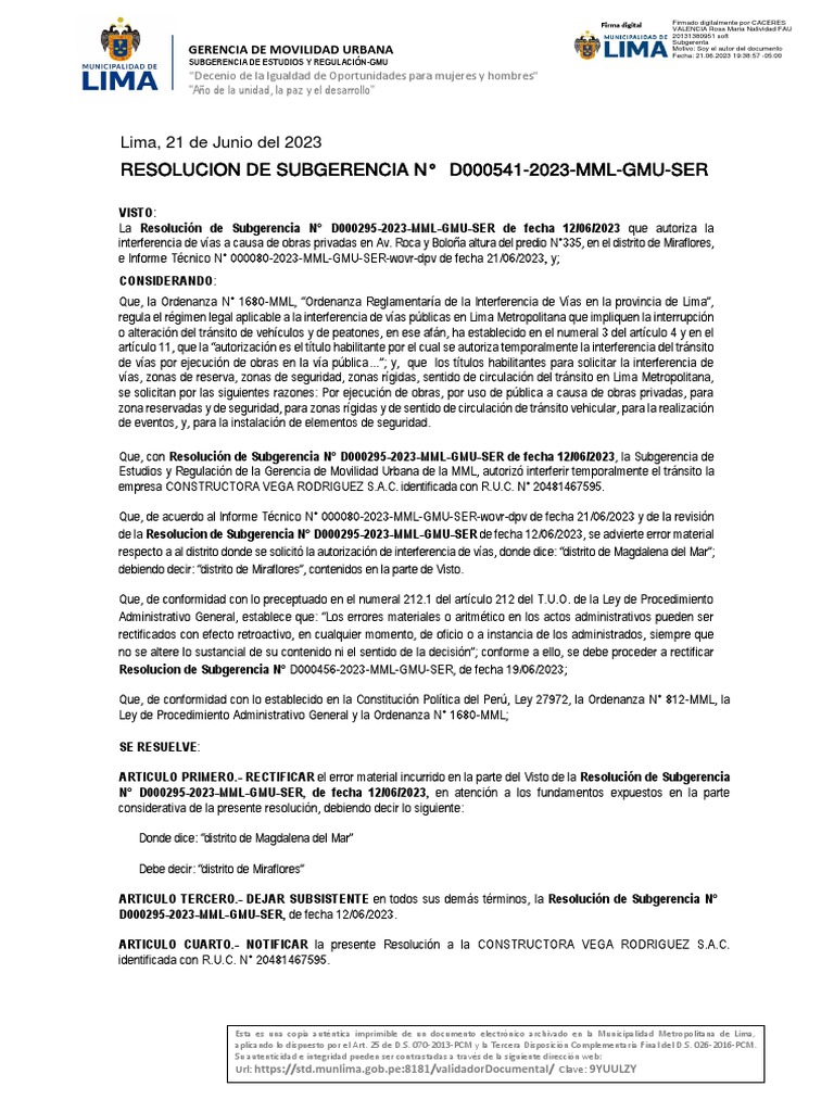 Resolucion de Subgerencia 000541 2023 Gmu Ser | PDF | Lima | Justicia