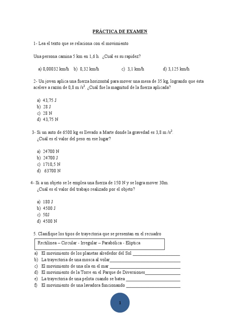 Práctica de Examen Ciencias Noveno 2022 (Movimiento Fuerza y Trabajo ...
