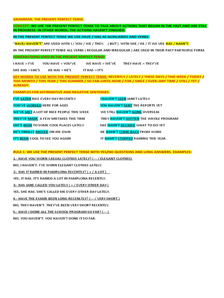8TH Grade 2023 Grammar The Present Perfect Tense. | PDF | Perfect ...