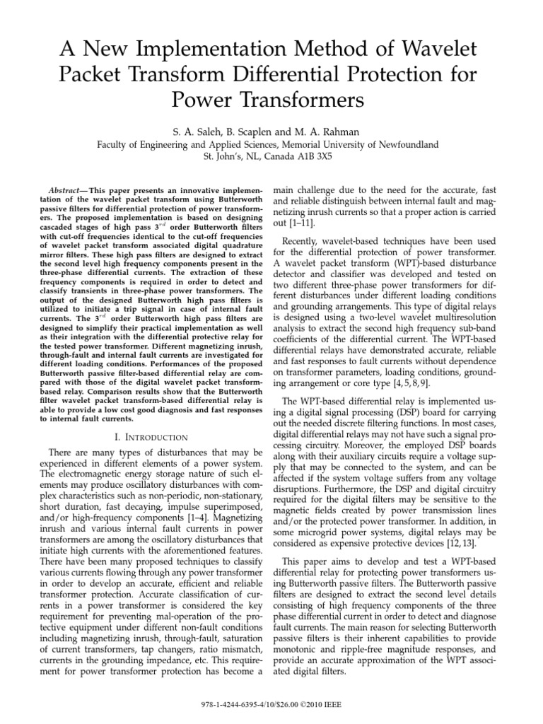 Packet Transform Differential Protection For Power Transformers Pdf Wavelet Transformer
