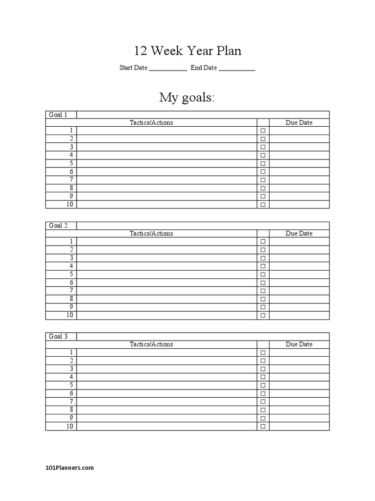 12 Week Year Goal Planner Template | PDF
