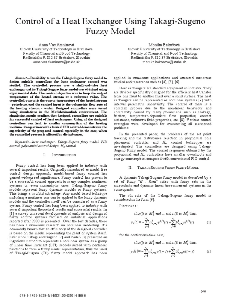 Control of A Heat Exchanger Using Takagi-Sugeno Fuzzy Model | PDF | Control Theory | Computer ...